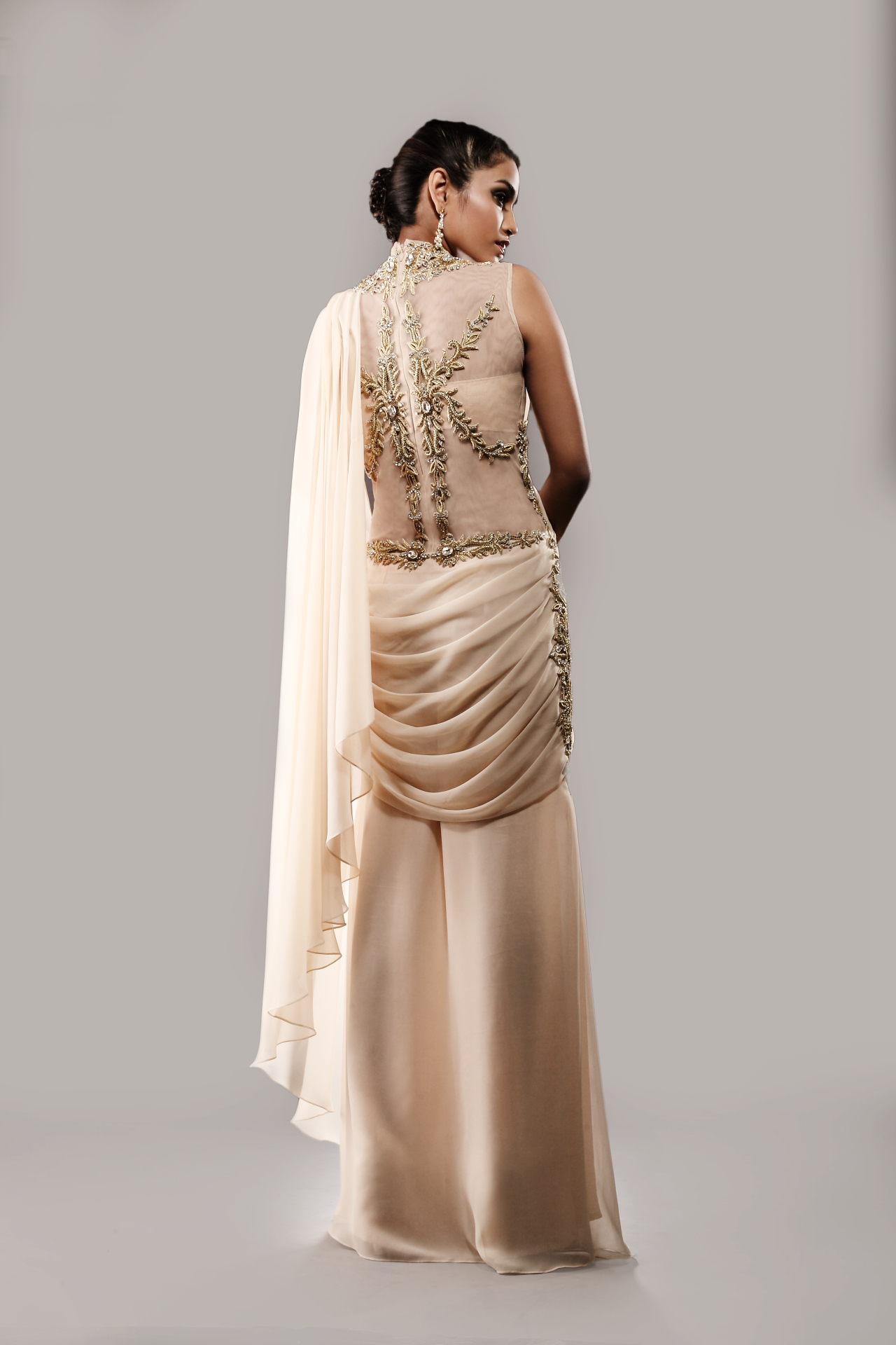 Shop Online Gold Stitched Gown Sari - AD Singh